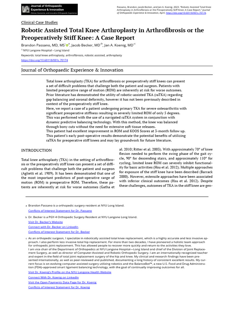 Robotic Assisted Total Knee Arthroplasty in Arthrofibrosis or The Preoperatively Stiff Knee A ...