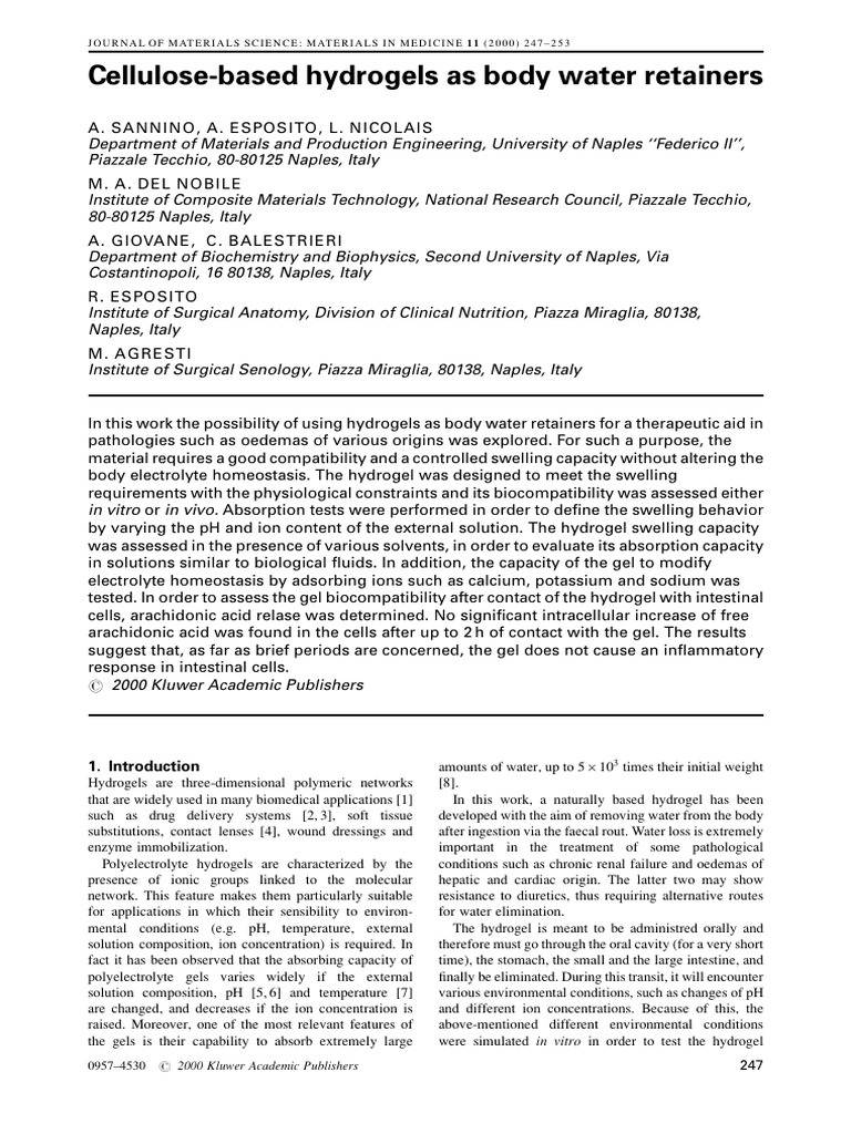 Cellulose-Based Hydrogels As Body Water Retainers | PDF | Gel | Ph
