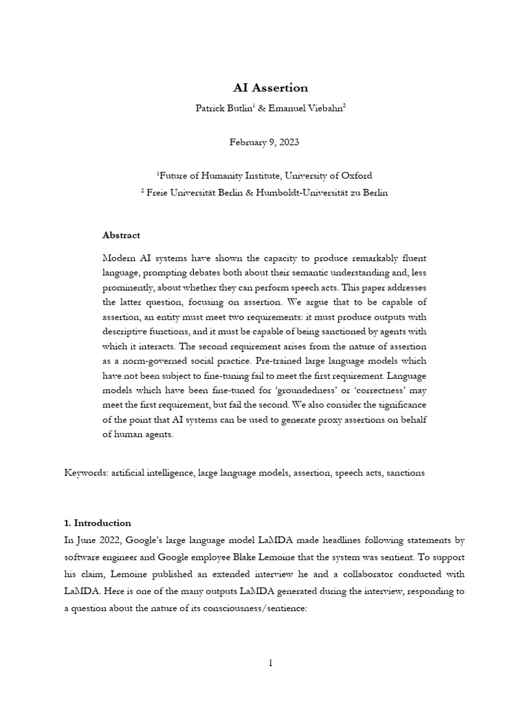 Butlin y Viebahn. 2023. AI assertion preprint | PDF | Artificial Intelligence | Intelligence (AI ...