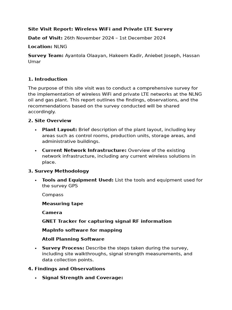 Site Visit Report | PDF | Wi Fi | Lte (Telecommunication)