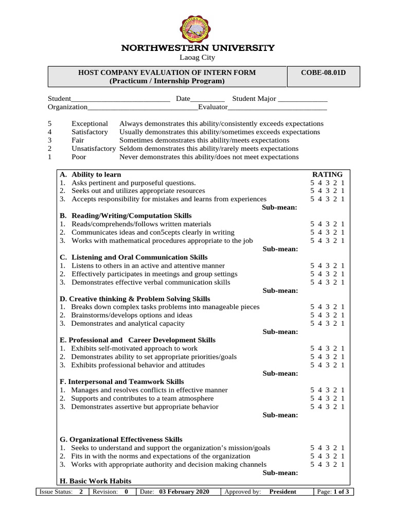 Cobe-08.01d-Host-Company-Evaluation-Of-Intern-Form 2 | PDF | Skill ...