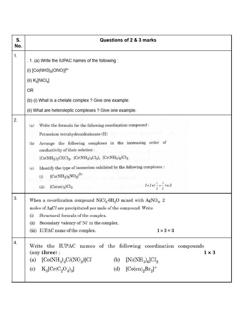 Coordination Compounds 2 & 3 marks | PDF