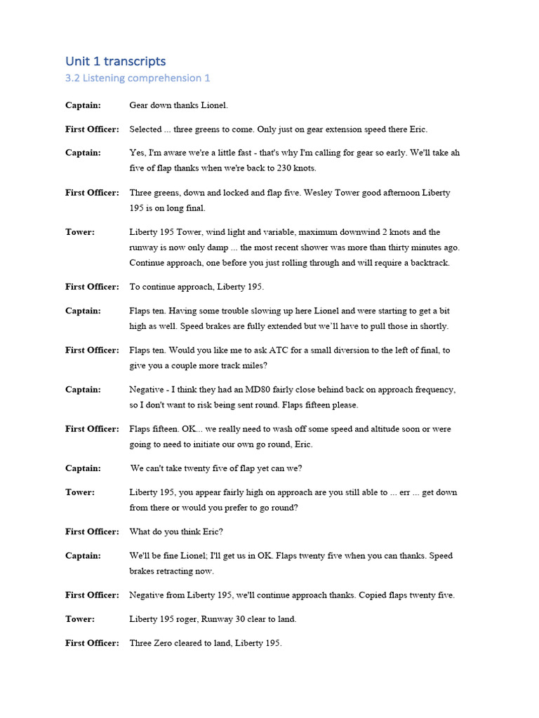 Unit 1 Transcripts 3.2 Listening Comprehension 1 | PDF | Aviation Accidents And Incidents | Aircraft