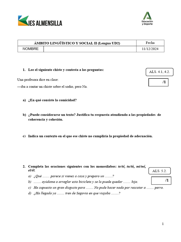 Examen lengua UD2_11 de diciembre | PDF