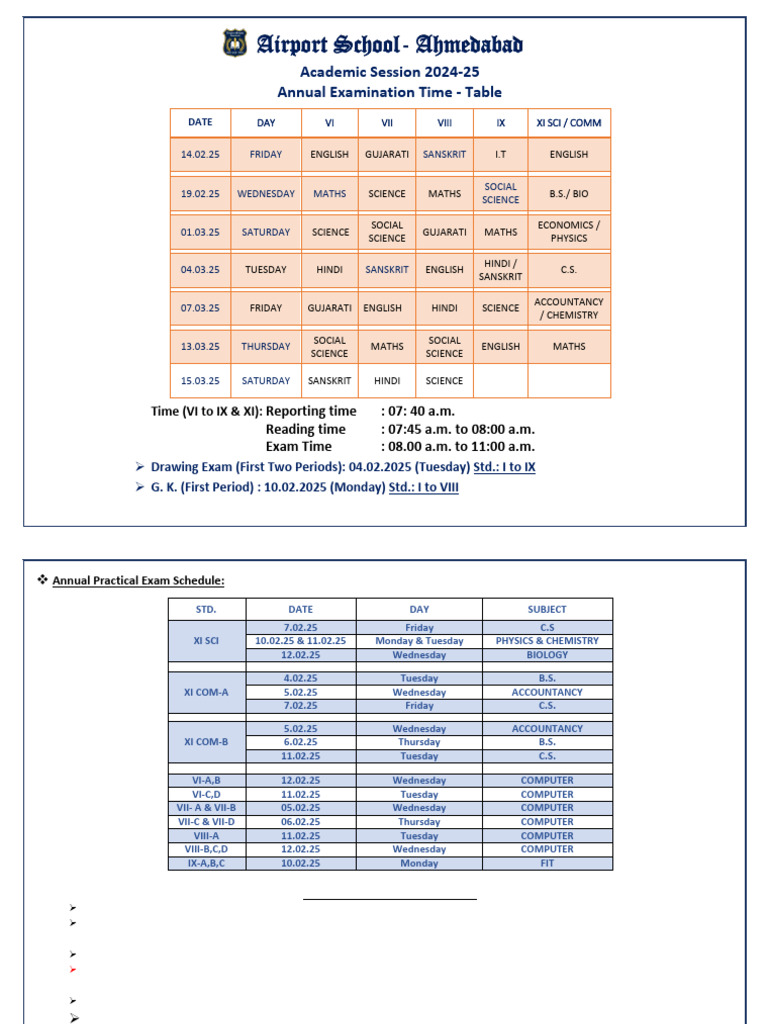 STD VI IX XI ANNUAL Exam Timetable 2024 25 | PDF