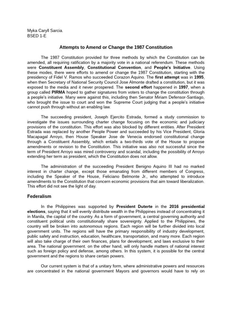 Attempts To Amend or Change The 1987 Constitution | PDF ...