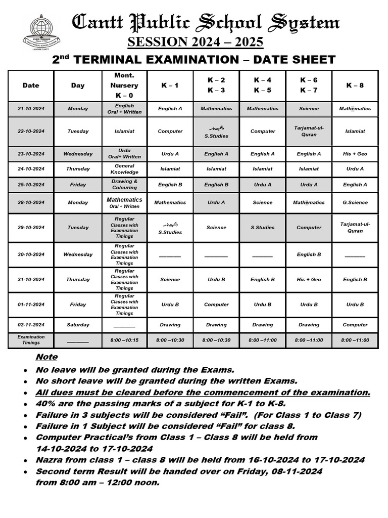 2 nd Term date sheet k0 to k8 | PDF