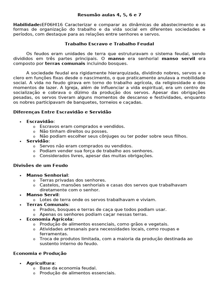 Resumão Aulas 4, 5, 6 e 7 | PDF | Servidão | Feudalismo