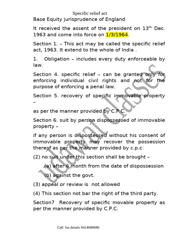 Specific Relief Act Notes | PDF | Breach Of Contract | Legal Remedy