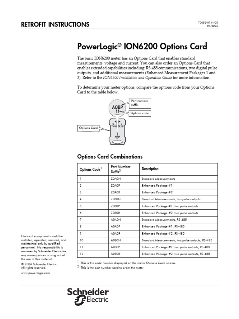 Powerlogic Ion6200 Options Card: Retrofit Instructions | PDF | Power ...