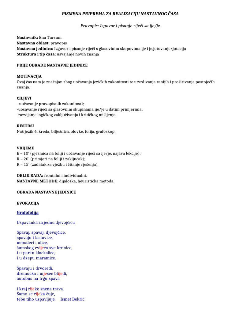 Izgovor I Pisanje Riječi Sa - Ije I - Je | PDF