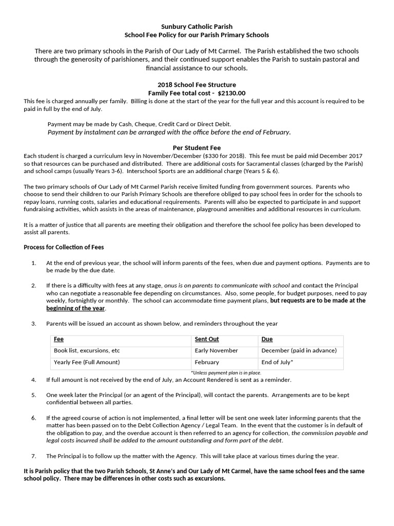 2018 New Parish School Fee Policy | PDF | Debt | Payments