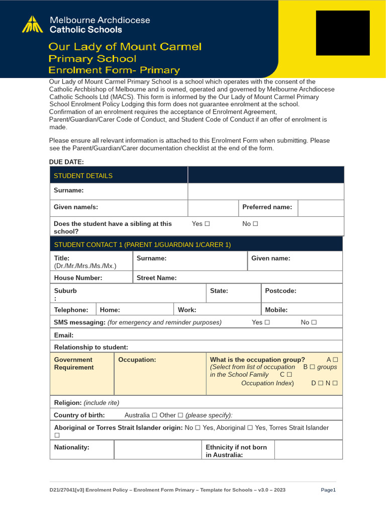 OLMC-Sunbury-Enrolment-Form-2023 | PDF | Autism | Intellectual Disability