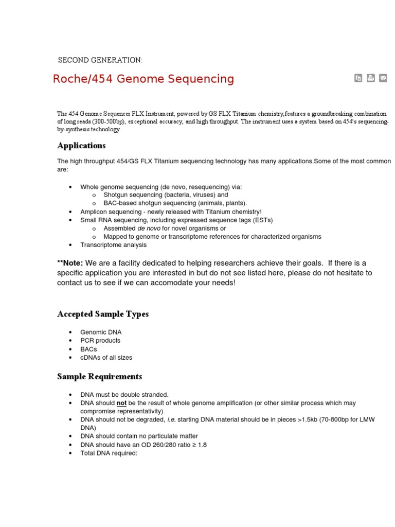 Roche/454 Genome Sequencing: Applications | PDF | Dna Sequencing | Genetics