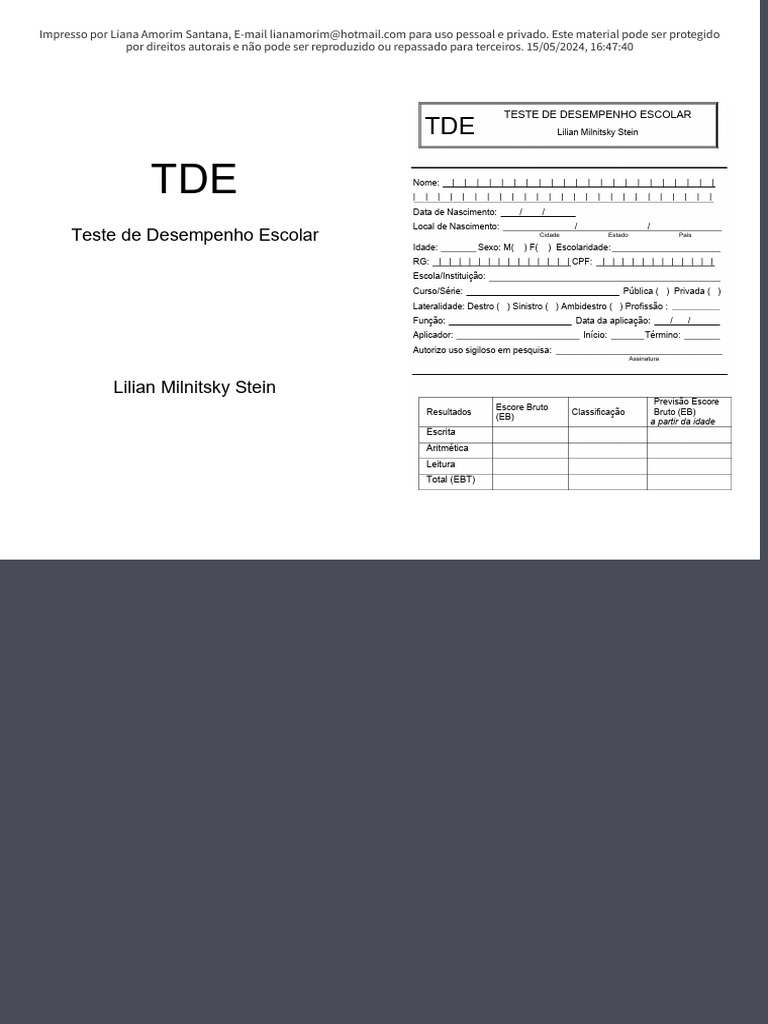 Teste de Desempenho Escolar TDE | PDF