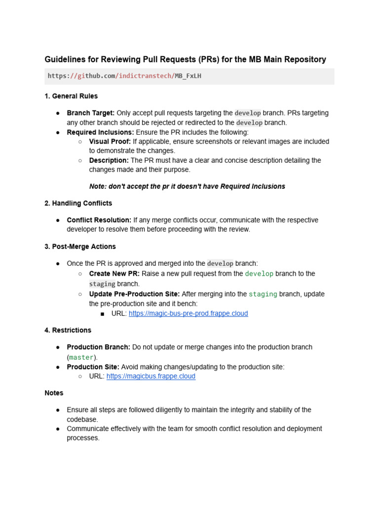 Guidelines For Reviewing Pull Requests (PRS) For The Magic Bus Main Repository | PDF