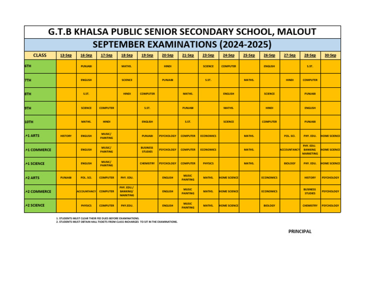 Date Sheet (Sept. Exam.) 6TH To .+2 | PDF | Science
