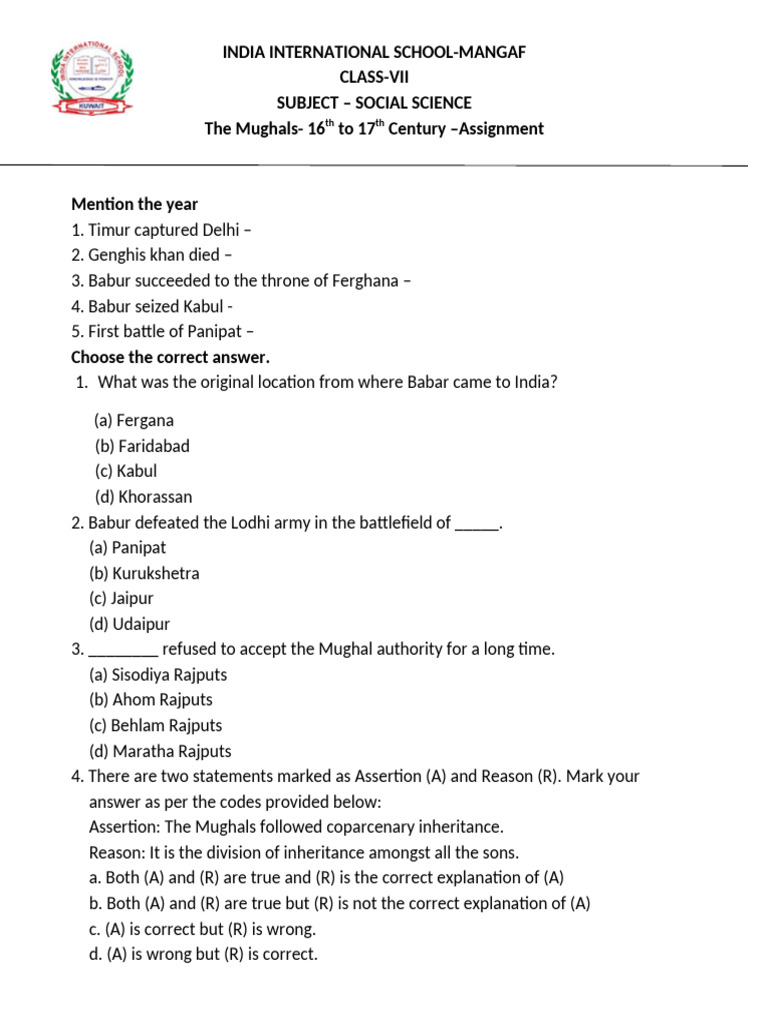 Class VII Mughal History Quiz | PDF