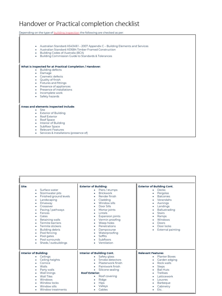Handover or Practical Completion Checklist | PDF | Door | Building ...