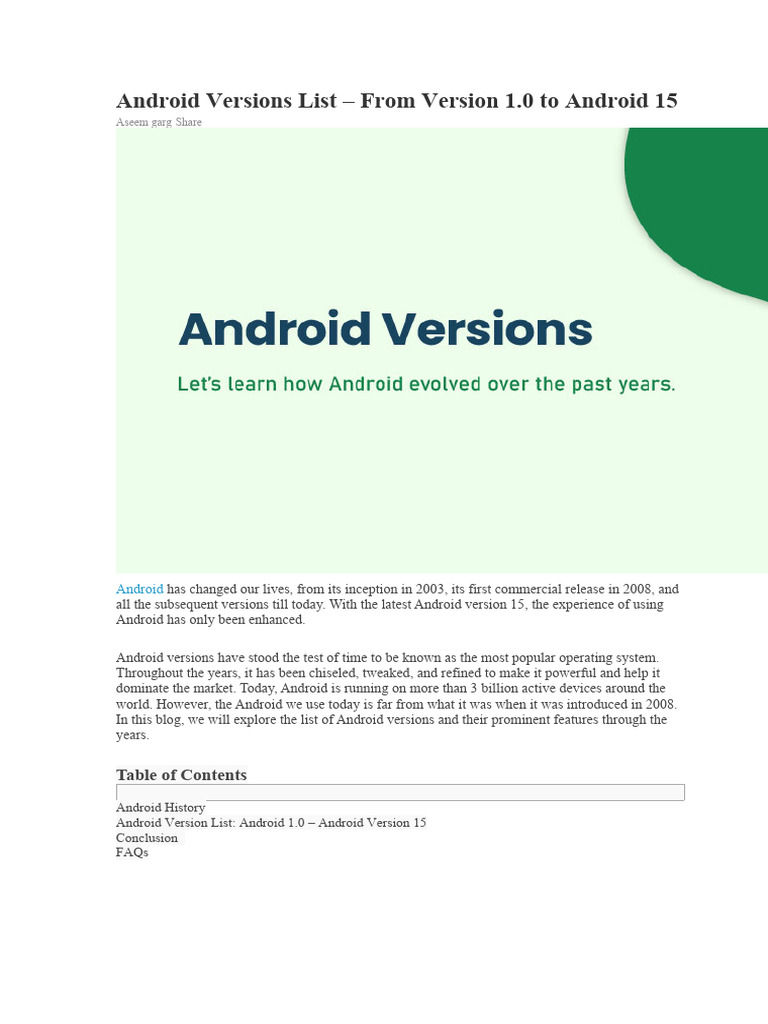 Android Versions List - From Version 1.0 To Android 15: Aseem Garg ...