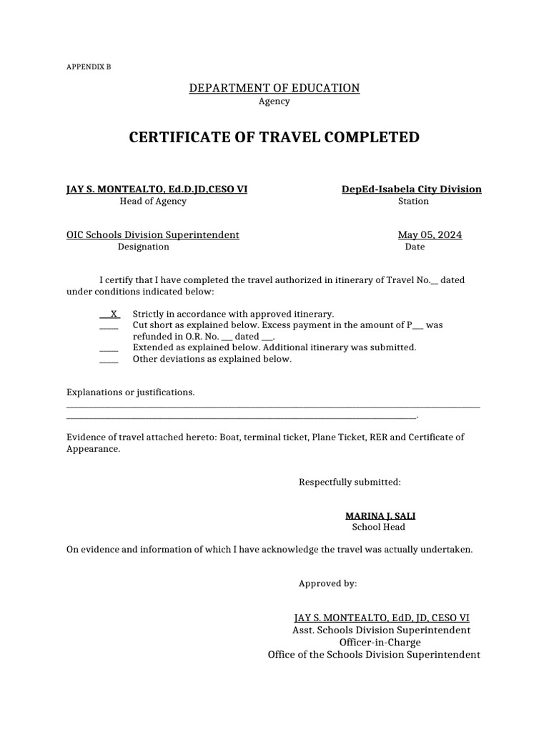 Certificate of Travel Completion Form | PDF