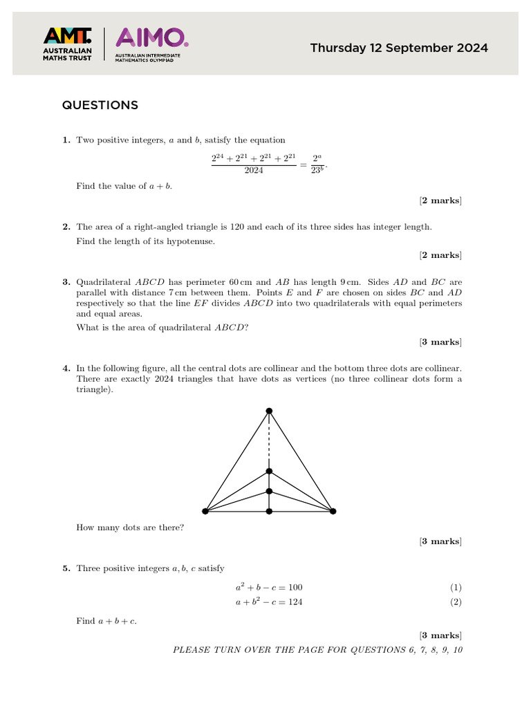 2024 AIMO Questions and Solutions | PDF | Area | Mathematics