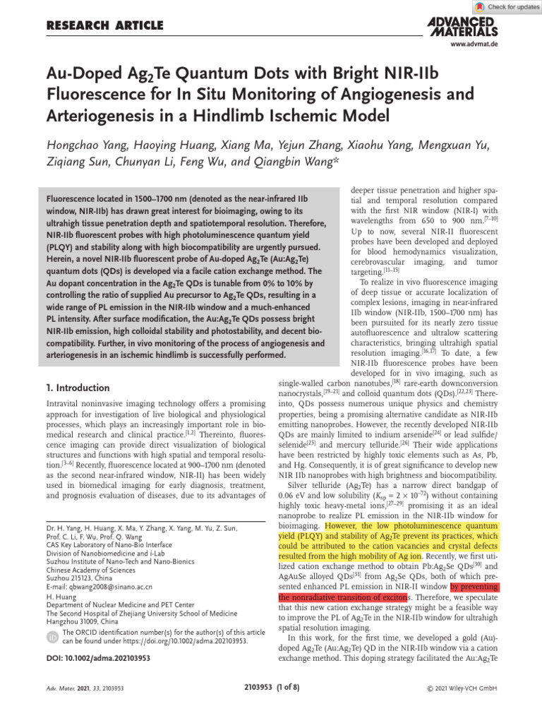35 Au‐Doped Ag2Te Quantum Dots With Bright NIR‐IIb Fluorescence for in ...