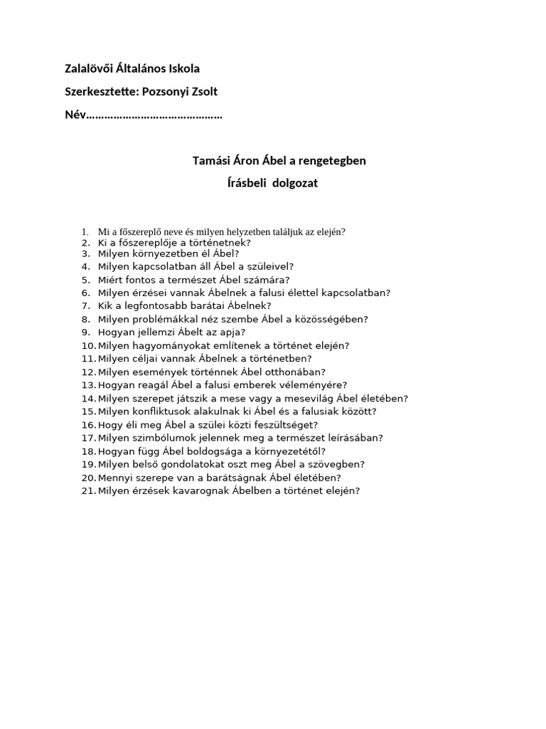 8.osztály Irodalom Kérdések. Ábel A Rengetegben 1-33.oldal | PDF