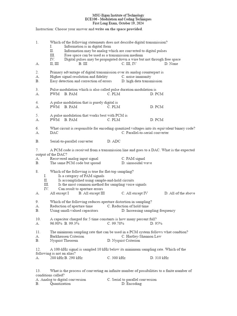 Long Exam 1 Answer | PDF | Modulation | Analog To Digital Converter