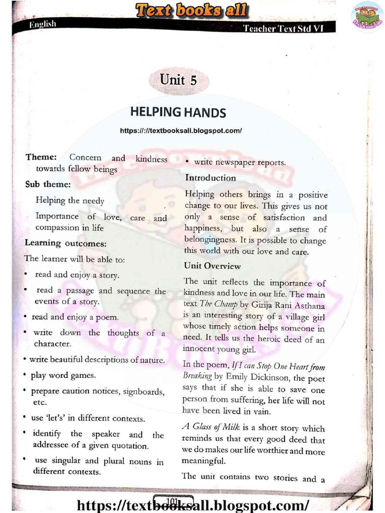 SCERT KERALA Teacher Texts (Hand Books) STD VI English - Unit 5 Helping Hands | PDF