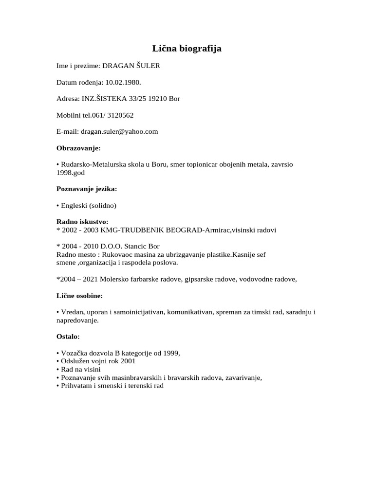 Lična Biografija Dragan Suler | PDF