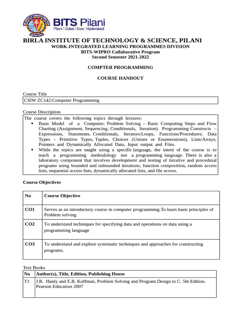 Computer Programming Course Handout | PDF | Pointer (Computer Programming) | C (Programming ...