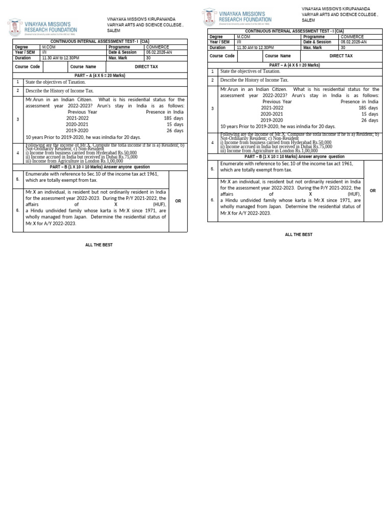 CIA I - M.Com Question Paper Indirect tax advanced cost accounts | PDF | Taxes | Direct Tax