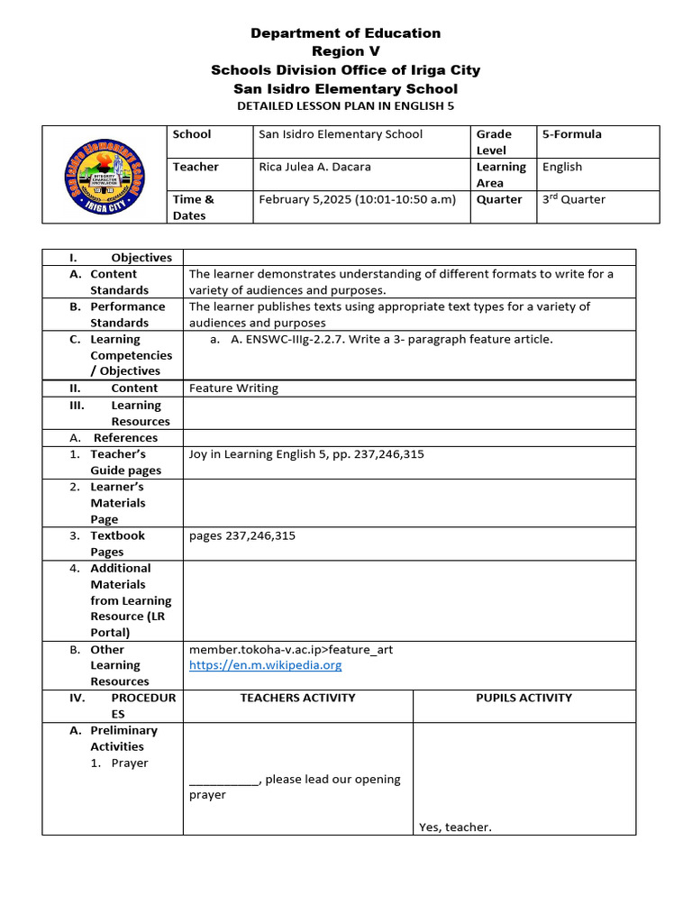 Detailed Lesson Plan in English 3 | PDF | Learning