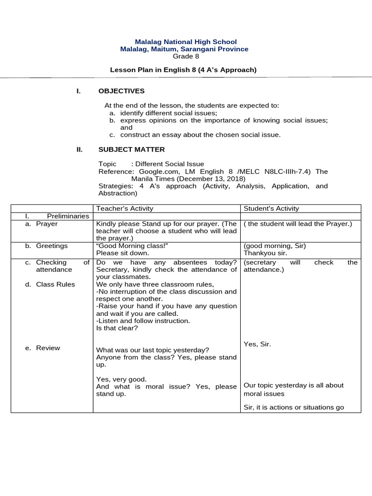 Grade 8 English Lesson Plan: Social Issues | PDF | Crimes | Crime ...