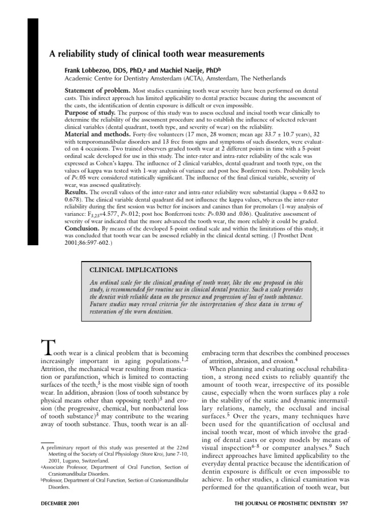 A Reliability Study of Clinical Tooth Wear Measurements | PDF | Dentistry