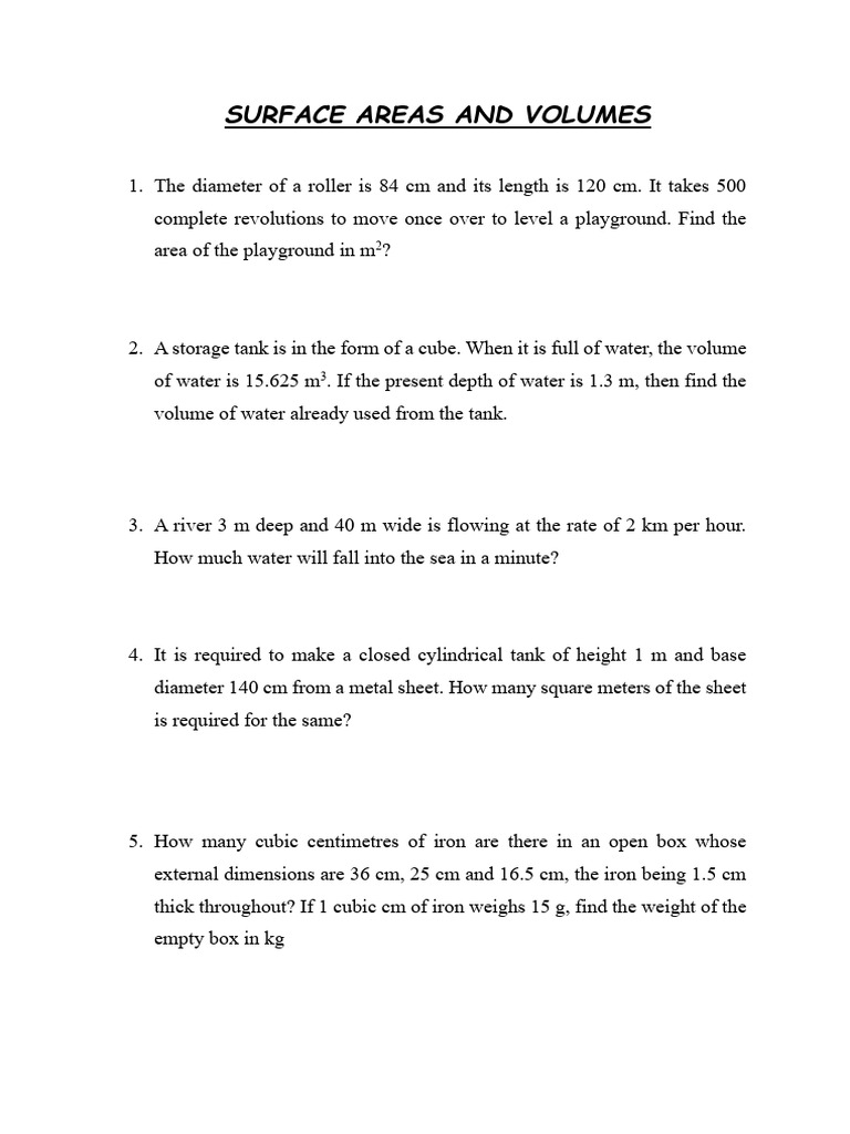 Work Sheet - SURFACE AREAS AND VOLUMES | PDF