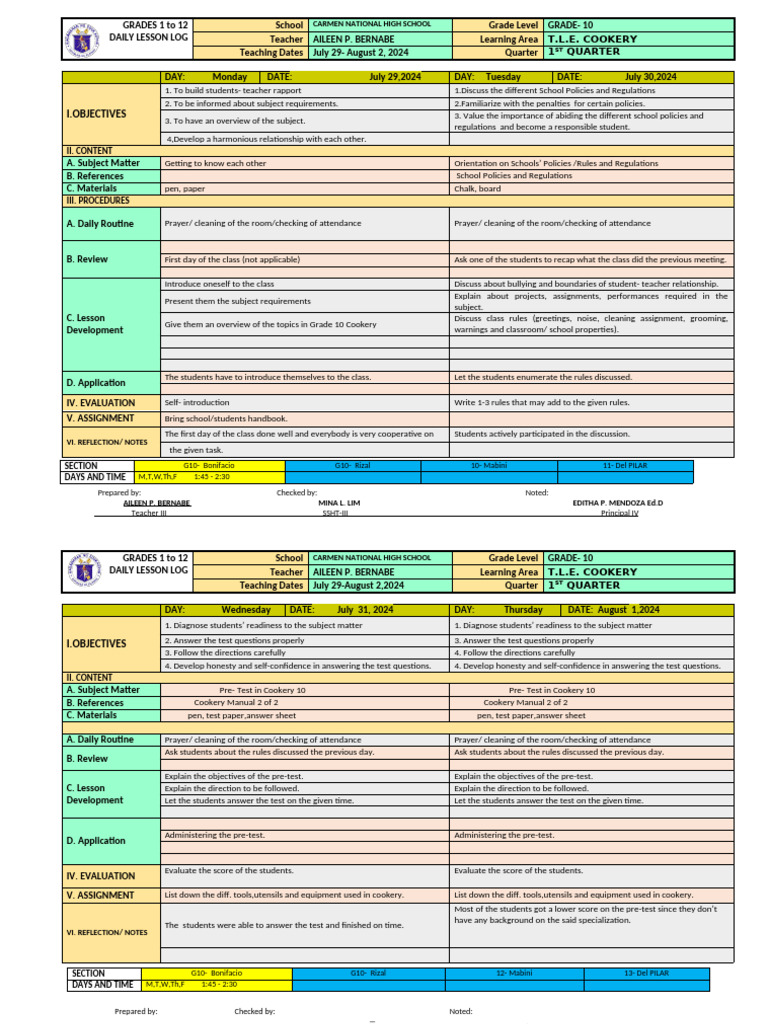 Grade 10 TLE Cookery Daily Lesson Plan | PDF | Classroom Management ...
