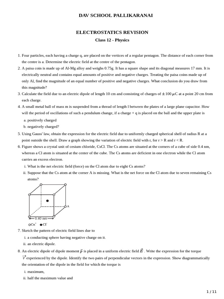 Electrostatics Revision for Class 12 Physics | PDF | Electric Field | Flux