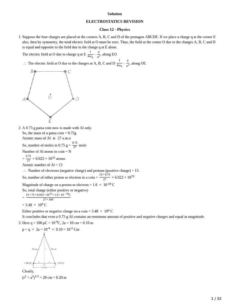Electrostatics Revision 1 ANSWERS | PDF | Torque | Electric Field