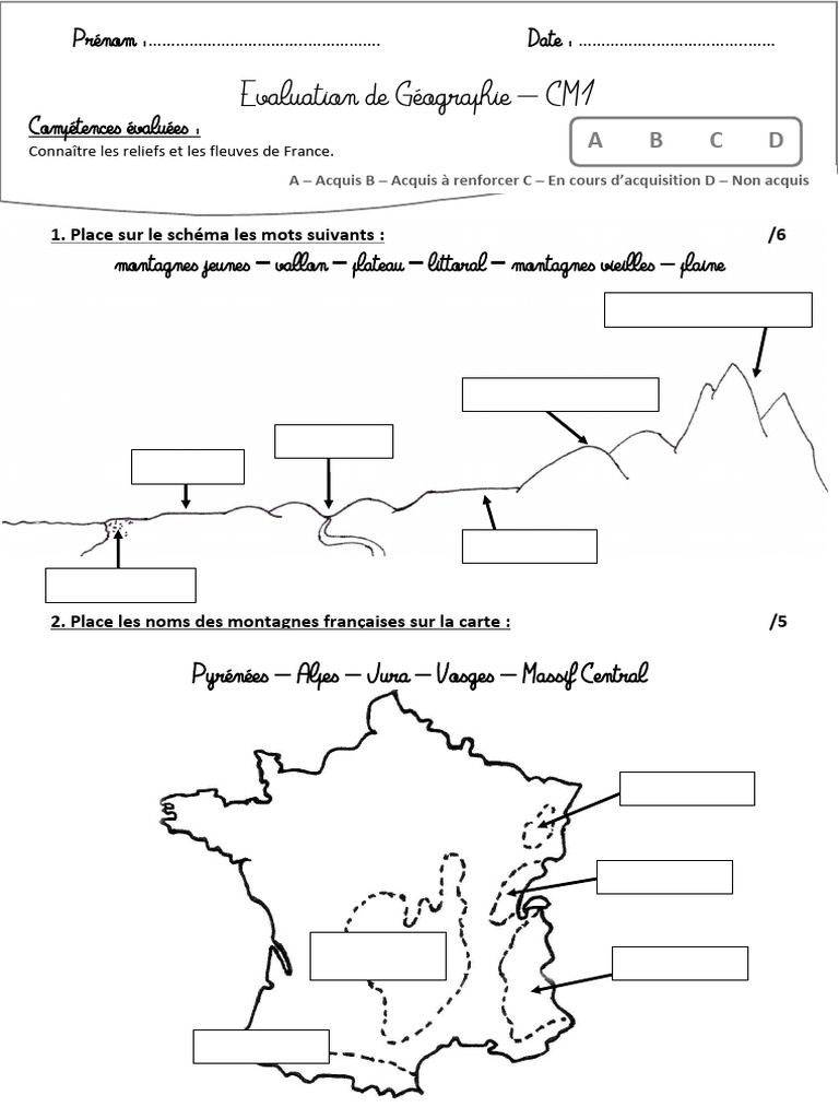 Évaluation Géographie CM1 : Relief et Fleuves | PDF
