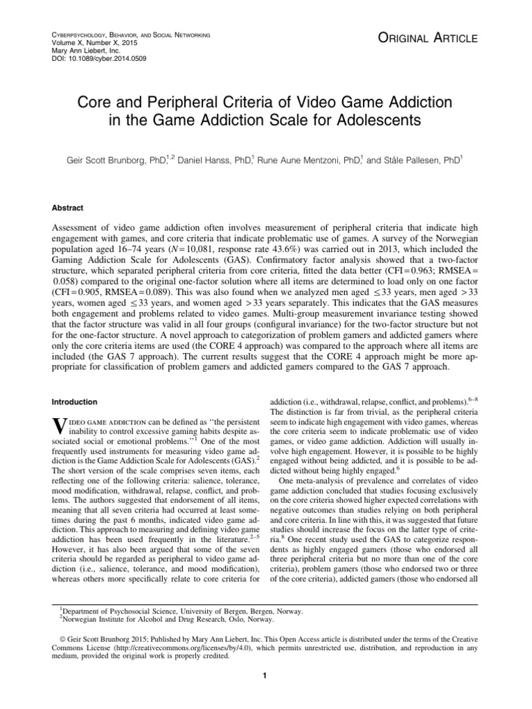 Core and Peripheral Criteria of Video Game Addiction in The Game Addiction Scale For Adolescents ...