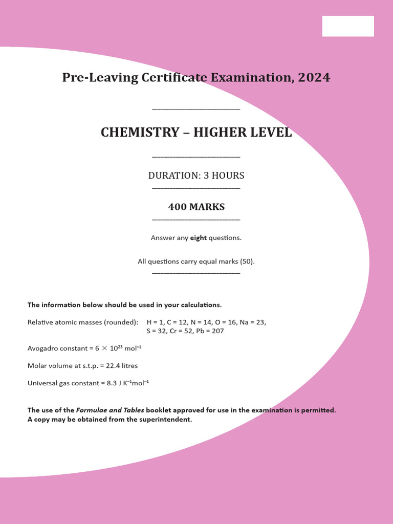 Chemistry - Higher Level: Pre-Leaving Certi Icate Examination, 2024 ...