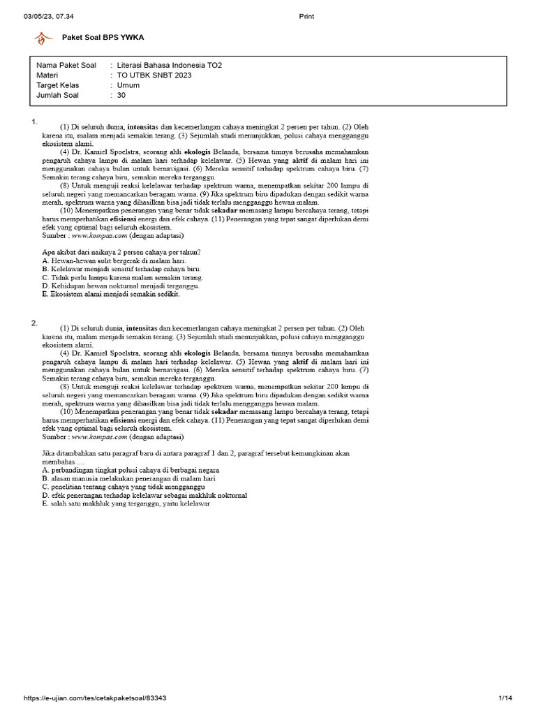 TO 2 Literasi Bahasa Indonesia 1 14 | PDF