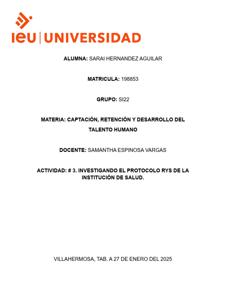 Actividad: # 3. Investigando El Protocolo Rys de La Institución de Salud. | PDF | Cuidado de la ...