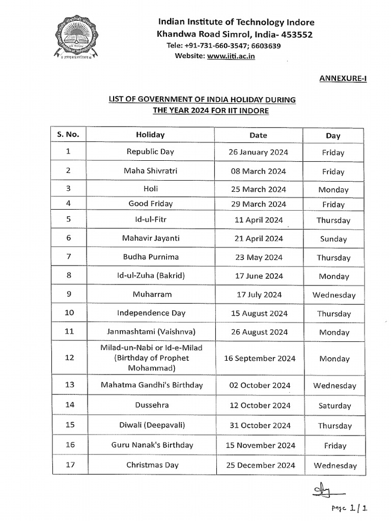 Annexure I - Holiday 2024 | PDF