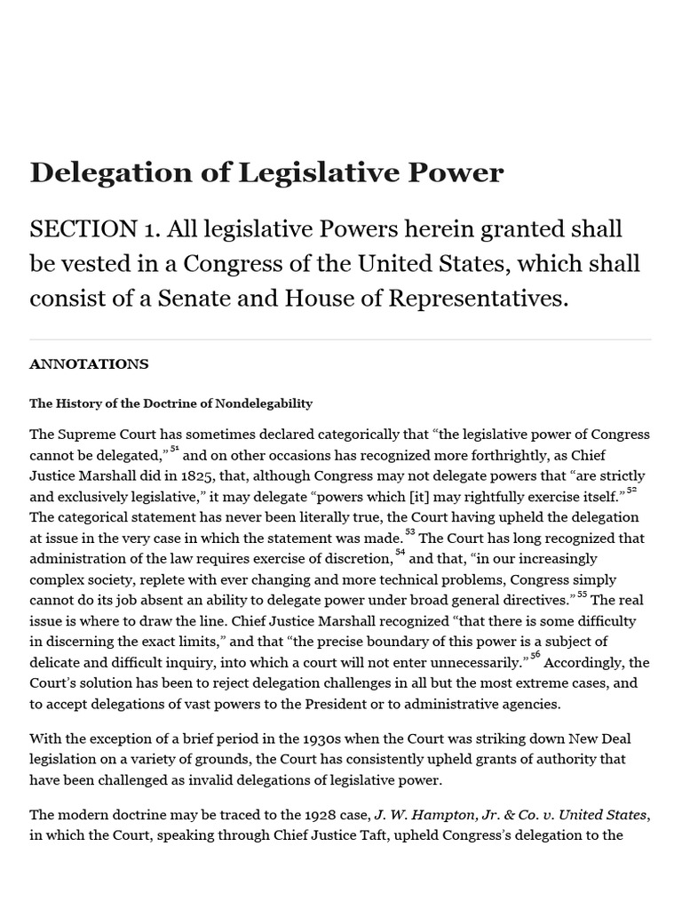 Delegation of Legislative Power: Article I. Legislative Department: U.S ...