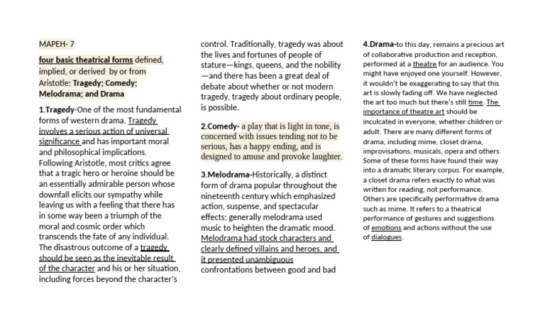 Four Basic Theatrical Forms Explained | PDF | Tragedy | Theatre