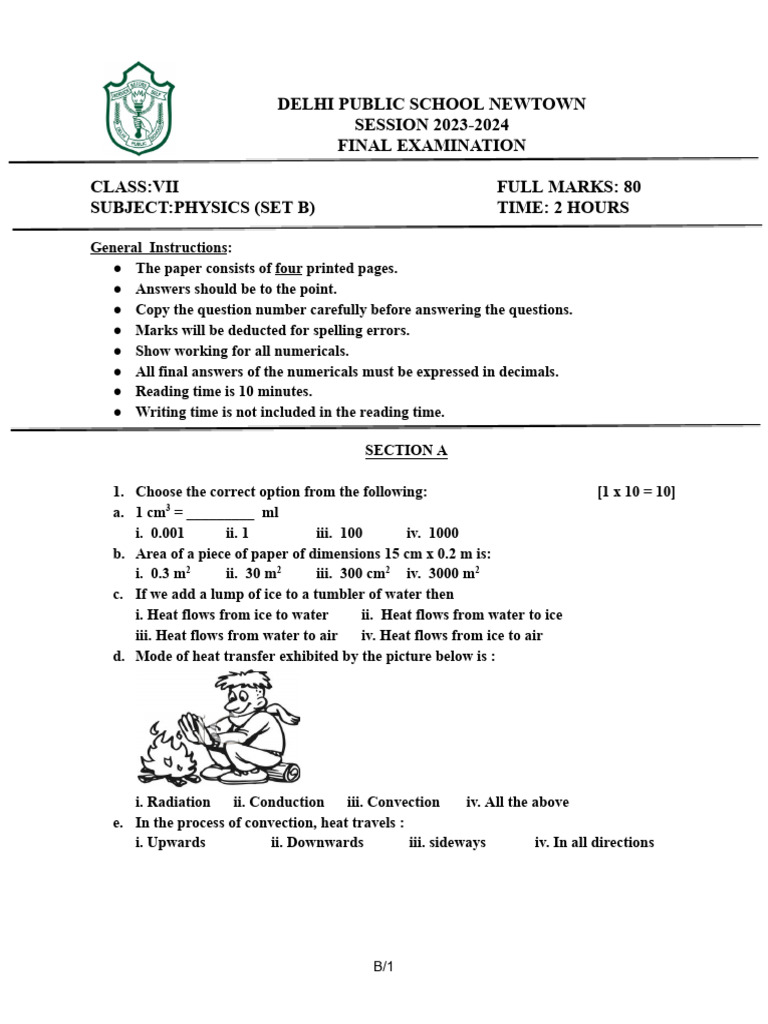 Class VII Physics Exam Paper 2023-24 | PDF | Scientific Phenomena | Waves