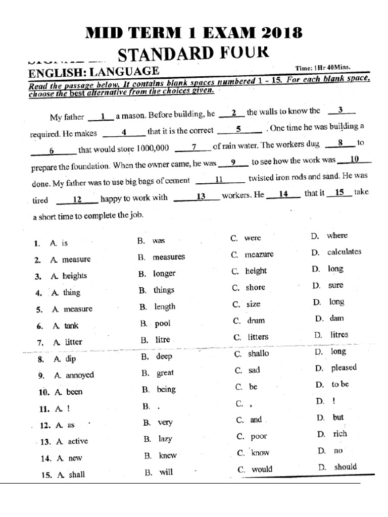 English STD 4 Mid Term 1 2018 | PDF